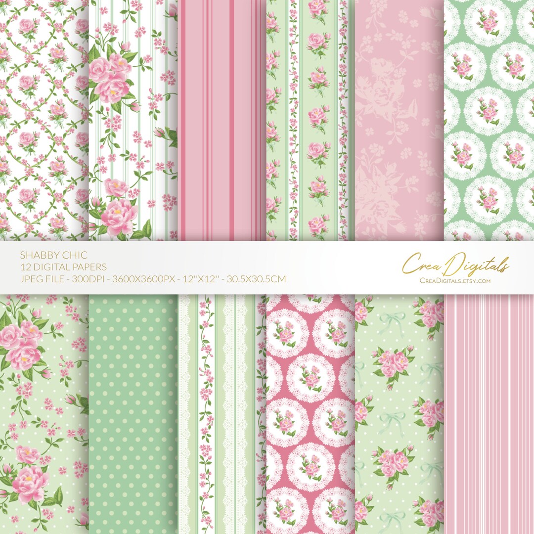 Shabby Chic Digital Paper, Mint Green and Pink Seamless Floral Pattern ...