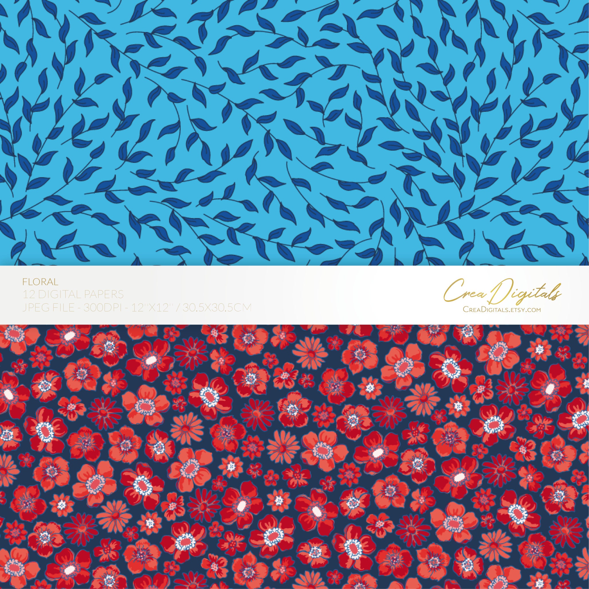Floral Digital Paper, Red and Blue Seamless Pattern, Ditsy Flowers, 12 ...