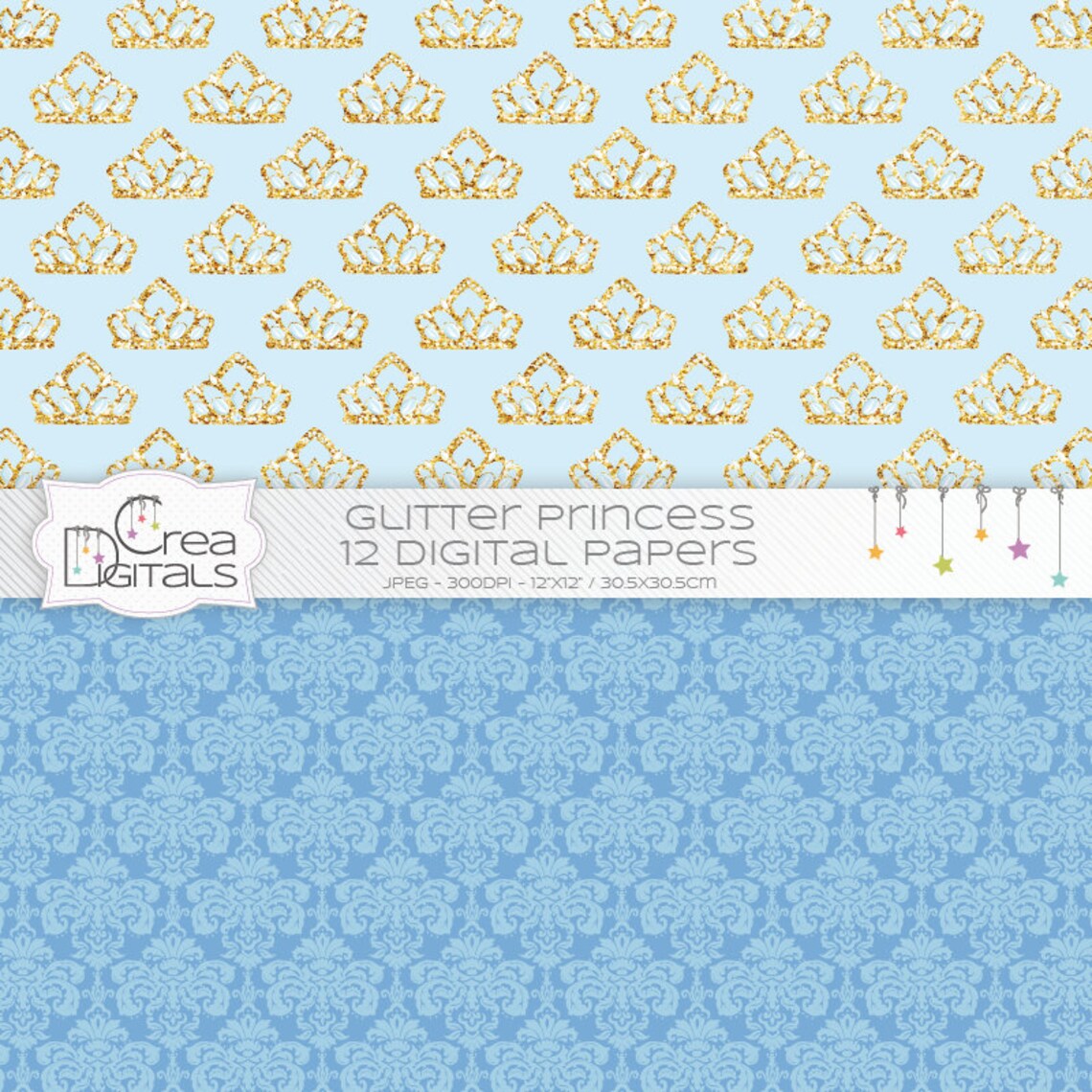 Glitter Fairy Princess - 12 Blue and Gold Digital Papers - INSTANT ...