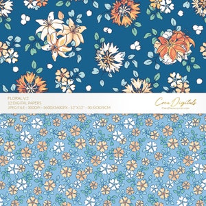 Floral Digital Paper, Navy, Coral and Yellow Seamless Pattern, Ditsy ...