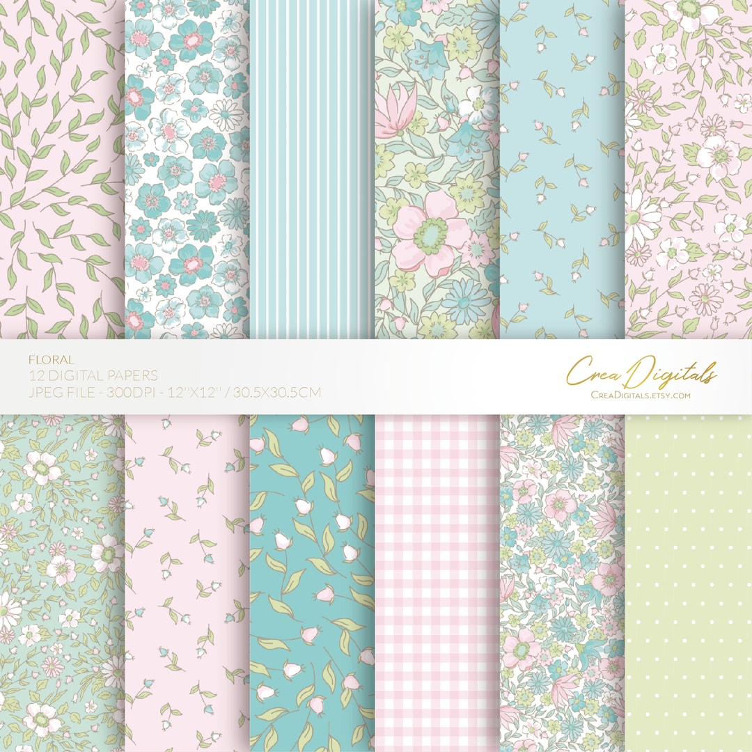Floral Digital Paper, Turquoise, Pink and Green Seamless Pattern, Ditsy ...