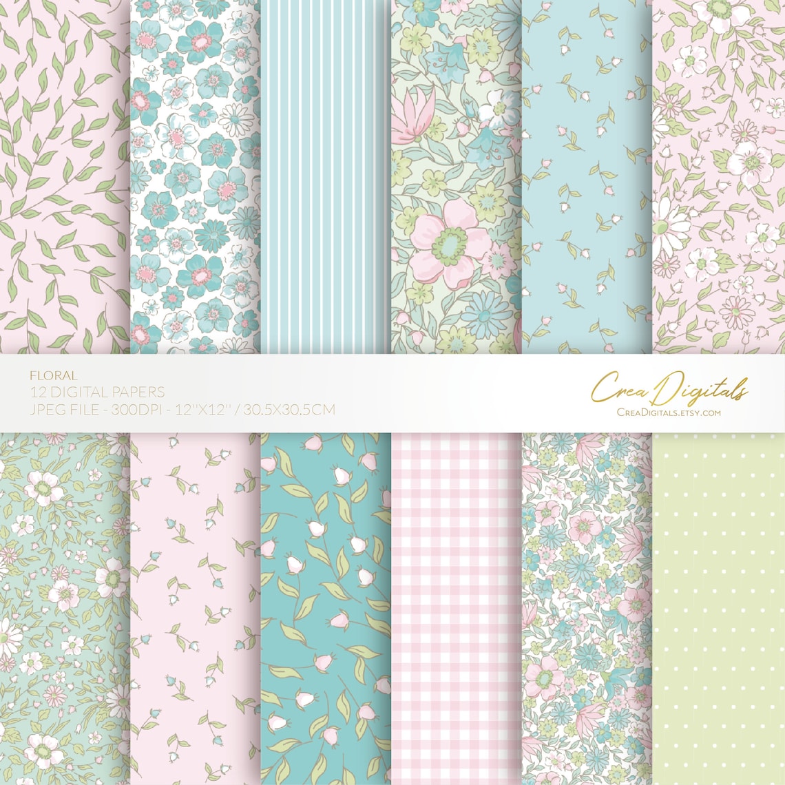 Floral Digital Paper, Turquoise, Pink and Green Seamless Pattern, Ditsy ...