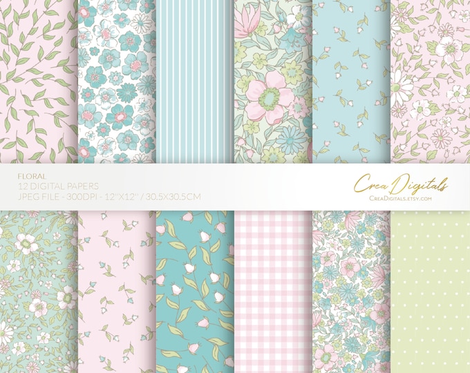 Floral Digital Paper, Turquoise, Pink and Green Seamless Pattern, Ditsy ...