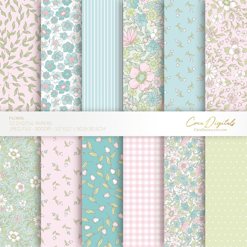 Floral Digital Paper, Turquoise, Pink and Green Seamless Pattern, Ditsy ...