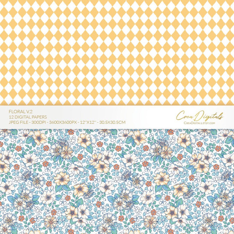 Floral Digital Paper, Navy, Coral and Yellow Seamless Pattern, Ditsy ...