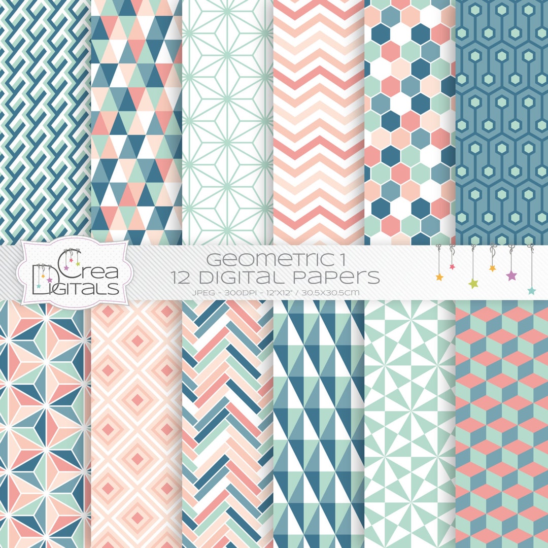 Coral and Blue Geometrics 12 Digital Papers INSTANT DOWNLOAD - Etsy