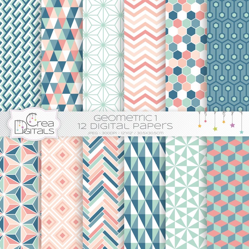 Coral and blue geometrics 12 digital papers INSTANT DOWNLOAD | Etsy