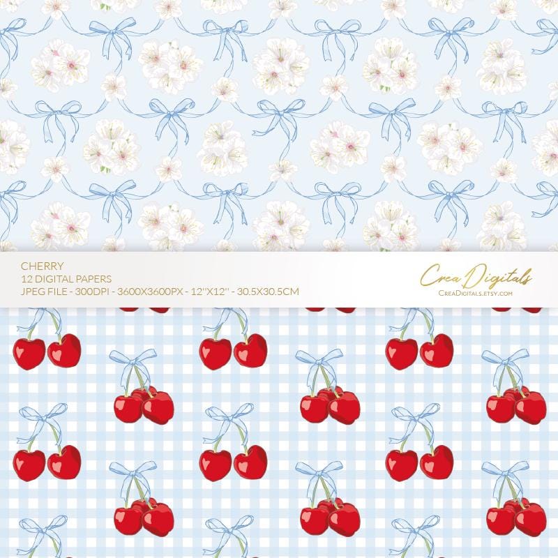 Cherry Digital Paper, Baby Blue and Red Seamless Floral Pattern, Bows ...