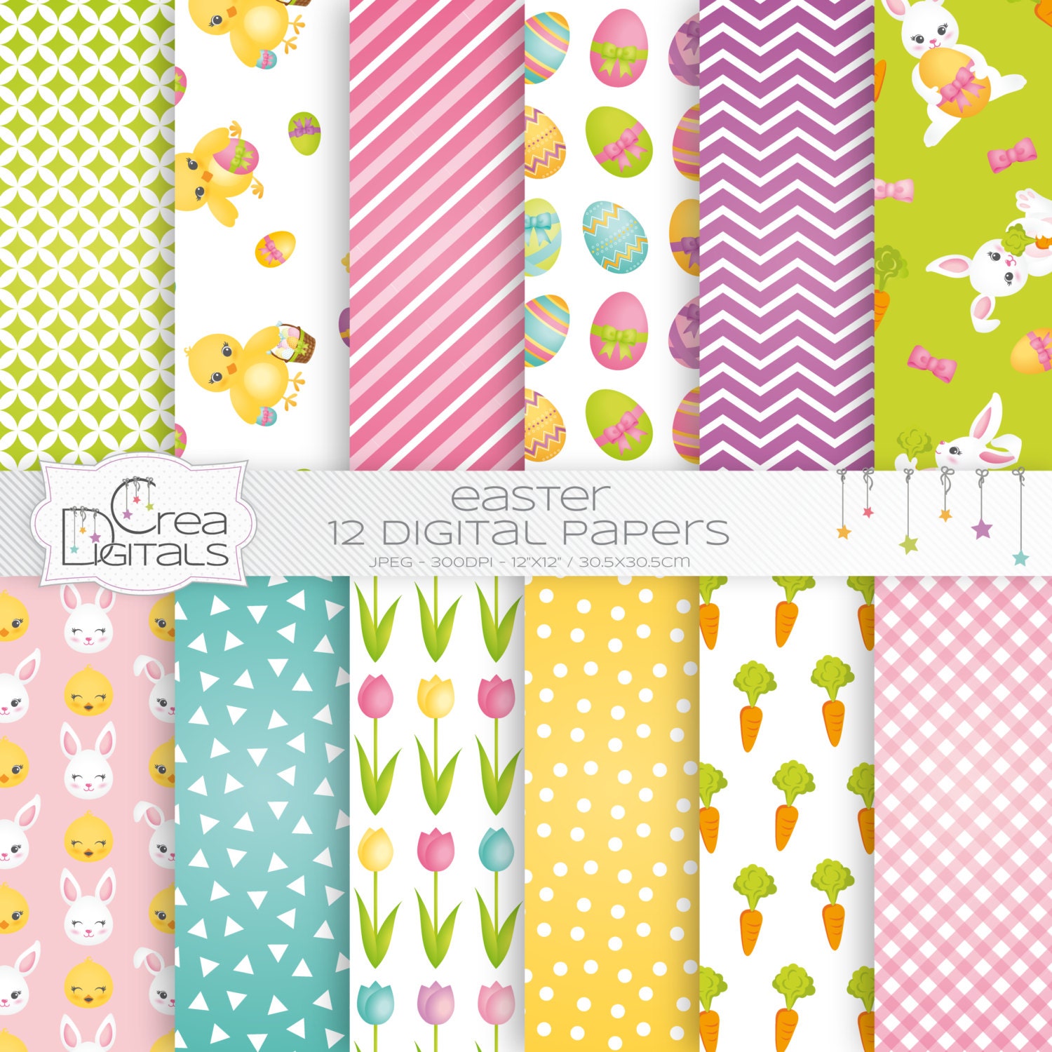 Easter bunny and chicks 12 digital papers DIRECT DOWNLOAD | Etsy