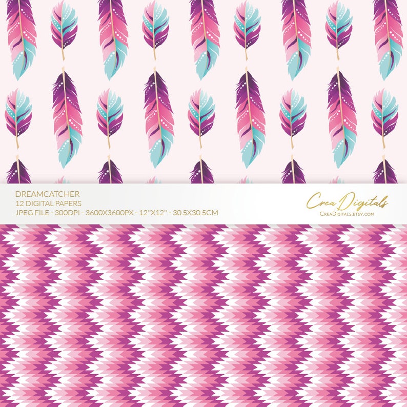 Dreamcatcher Digital Paper, Pink and Purple Tribal Seamless Pattern ...