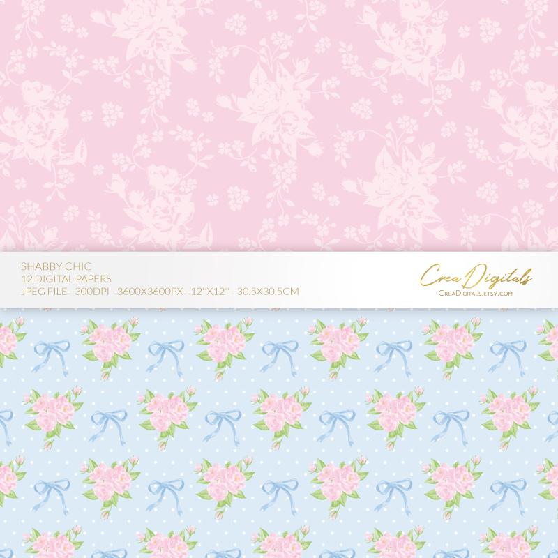 Shabby Chic Digital Paper, Baby Pink and Blue Seamless Floral Pattern ...