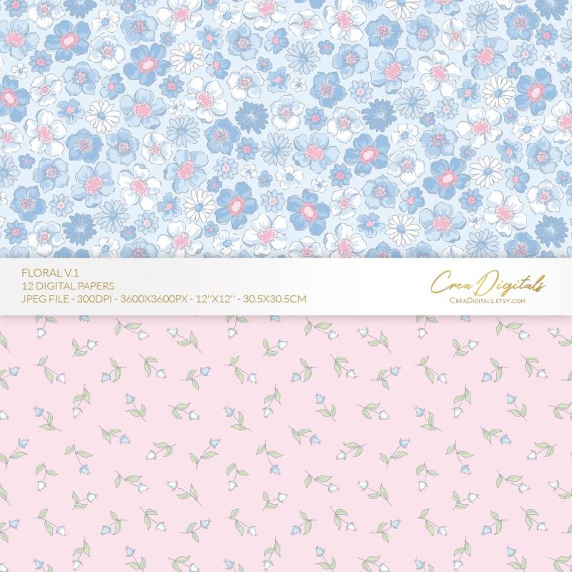 Floral Digital Paper, Baby Blue, Pink and Green Seamless Pattern, Ditsy ...