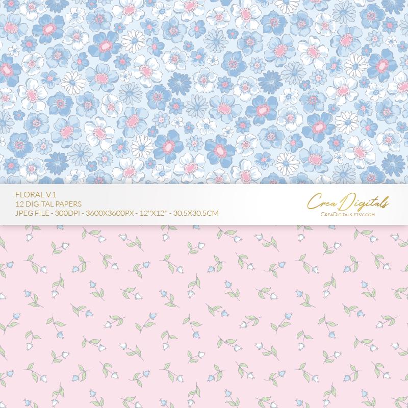 Floral Digital Paper, Baby Blue, Pink and Green Seamless Pattern, Ditsy ...