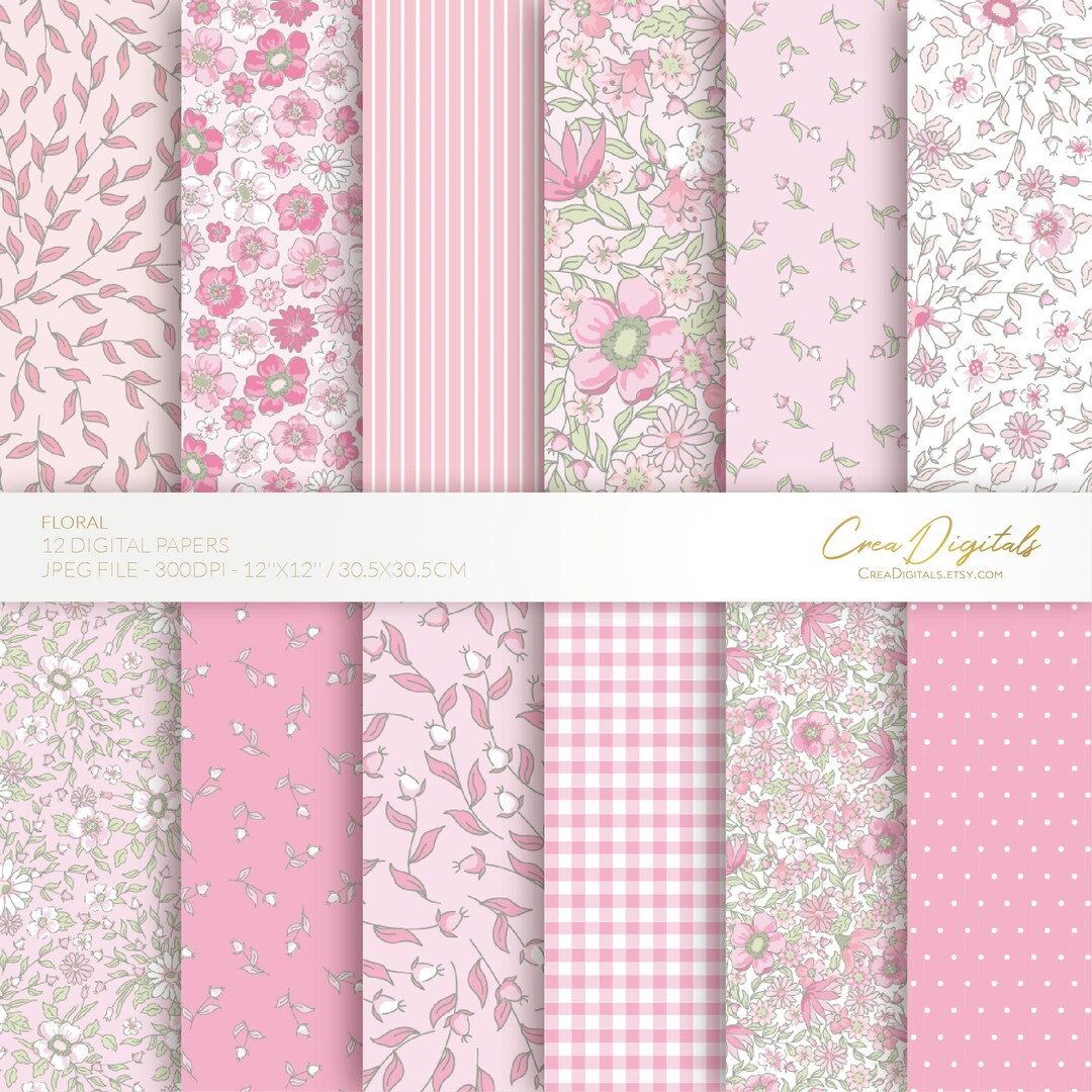 Floral Digital Paper, Pink Seamless Pattern, Ditsy Flowers, 12 Digital ...