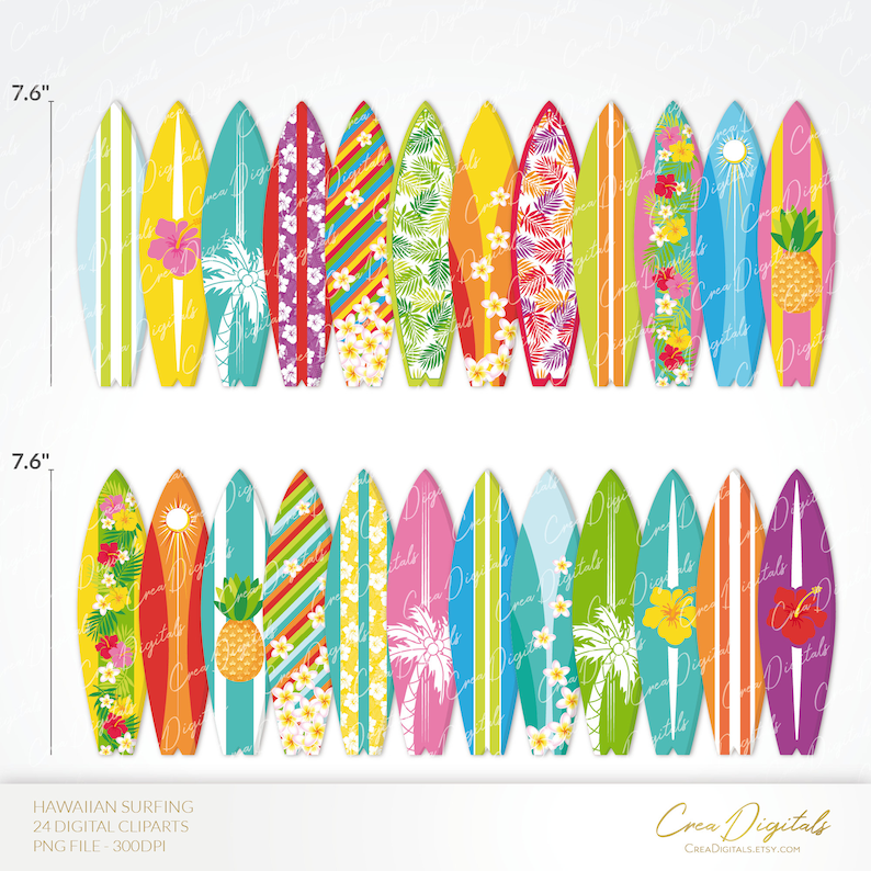 Hawaiian Summer Surfboards 24 Cliparts, Beach and Sea, INSTANT DOWNLOAD ...