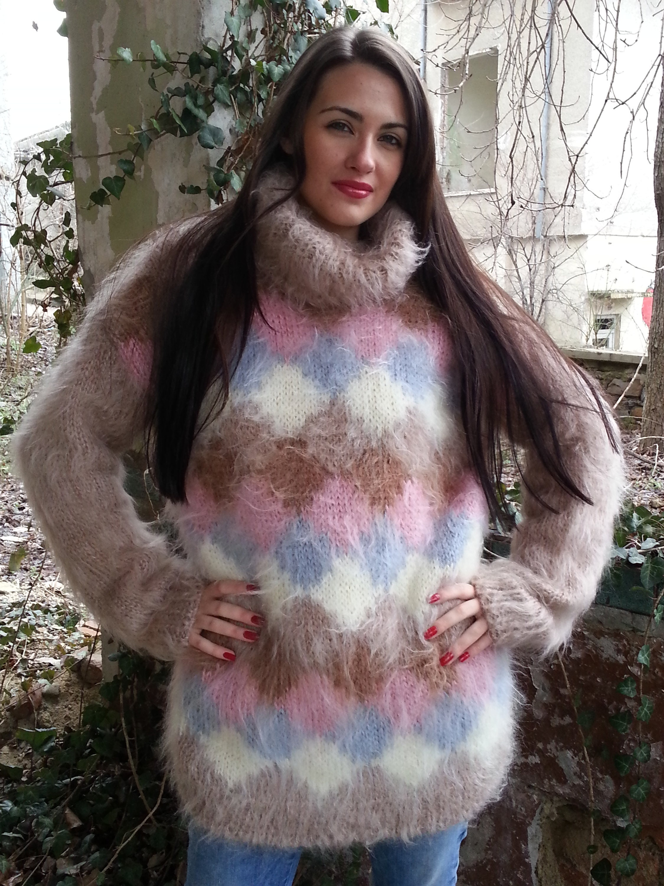 Unique Multicolor Sweater Jumper Hand Knitted Mohair Pullover ...