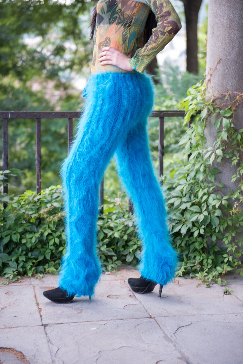 Blue Cable Knit Pants Thick Trousers Fuzzy Hand Knitted Fluffy Leggings ...