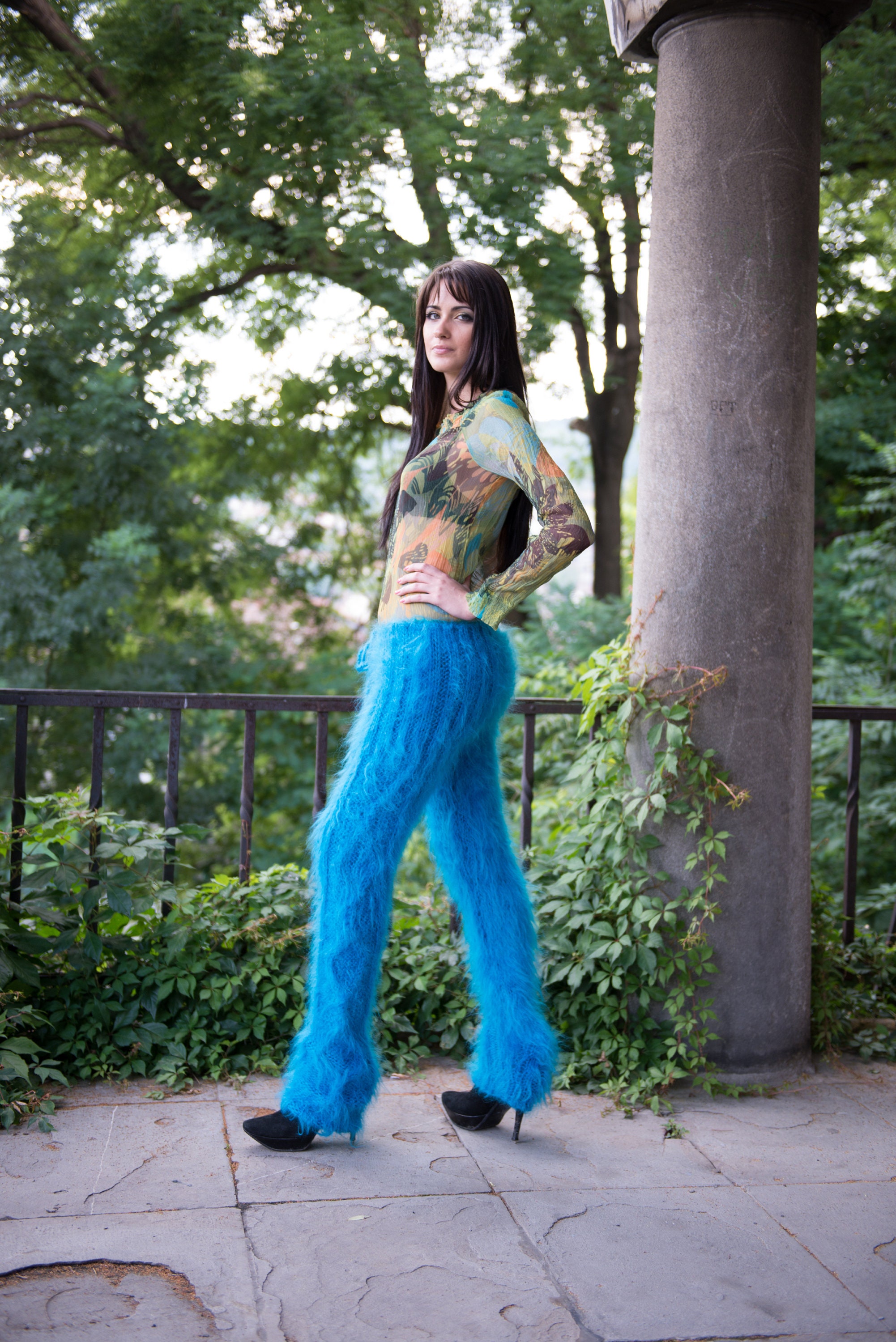 Blue Cable Knit Pants Thick Trousers Fuzzy Hand Knitted Fluffy Leggings ...