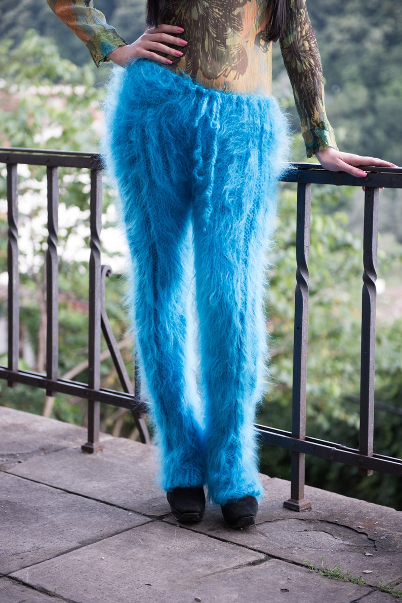 Blue Cable Knit Pants Thick Trousers Fuzzy Hand Knitted Fluffy Leggings ...