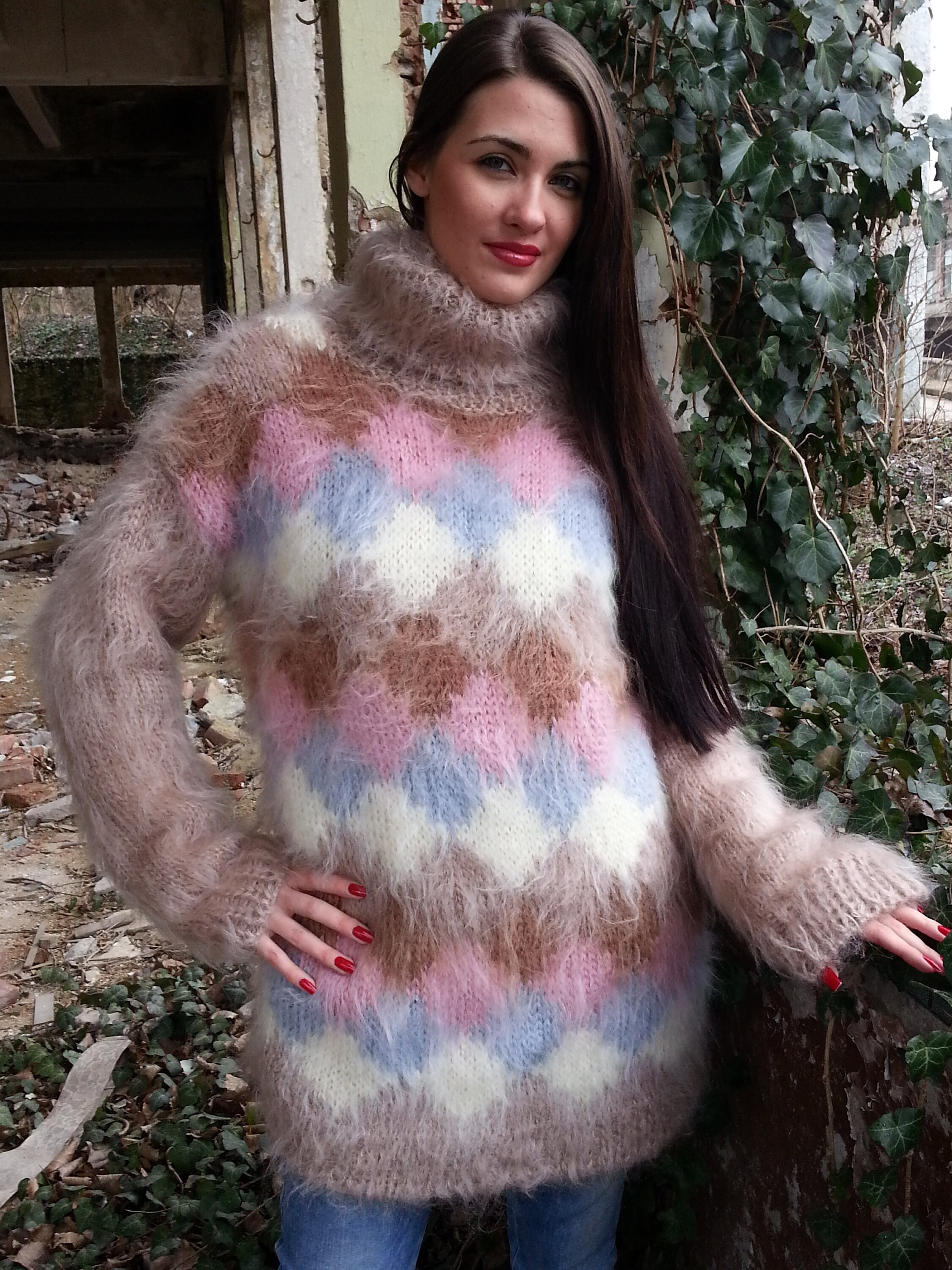 Unique Multicolor Sweater Jumper Hand Knitted Mohair Pullover ...
