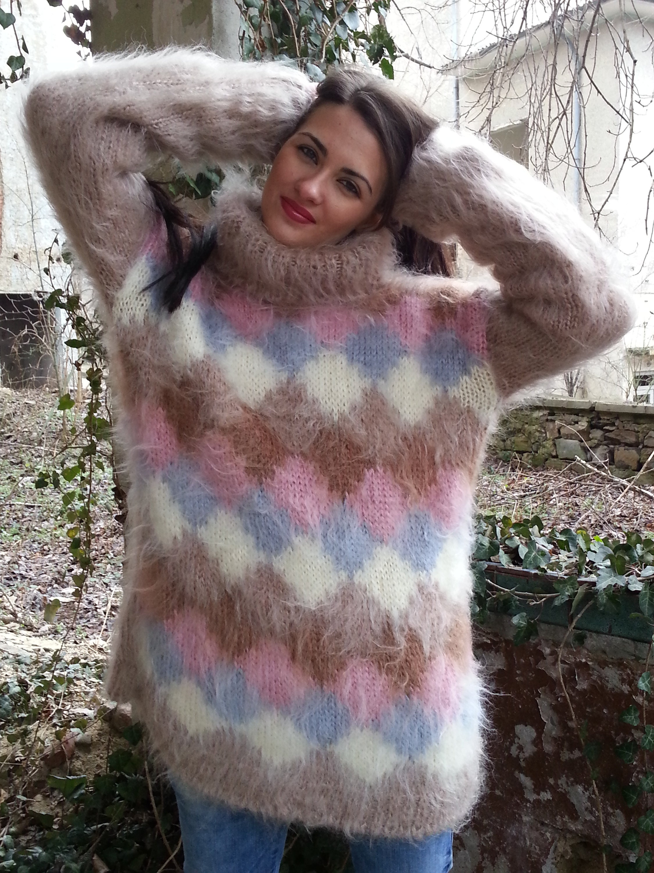 Unique Multicolor Sweater Jumper Hand Knitted Mohair Pullover ...