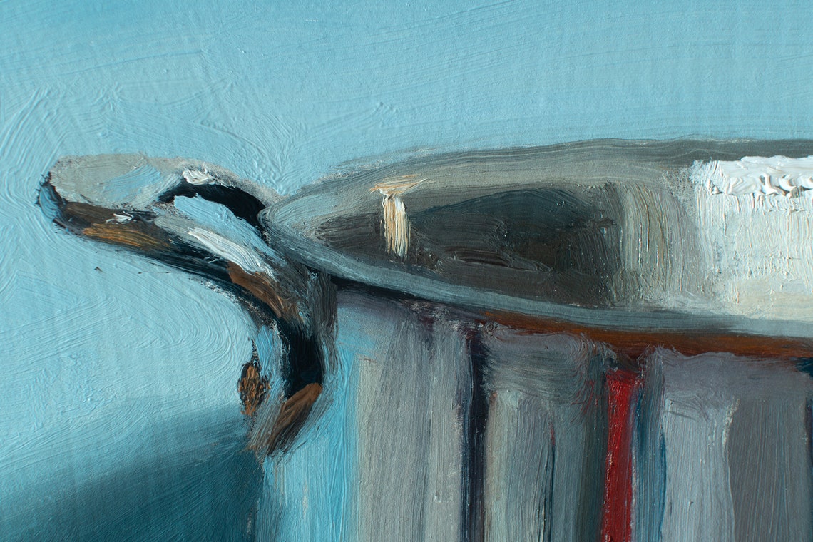 Original Still Life With Stainless Steel Pot and Eggs on Blue ...