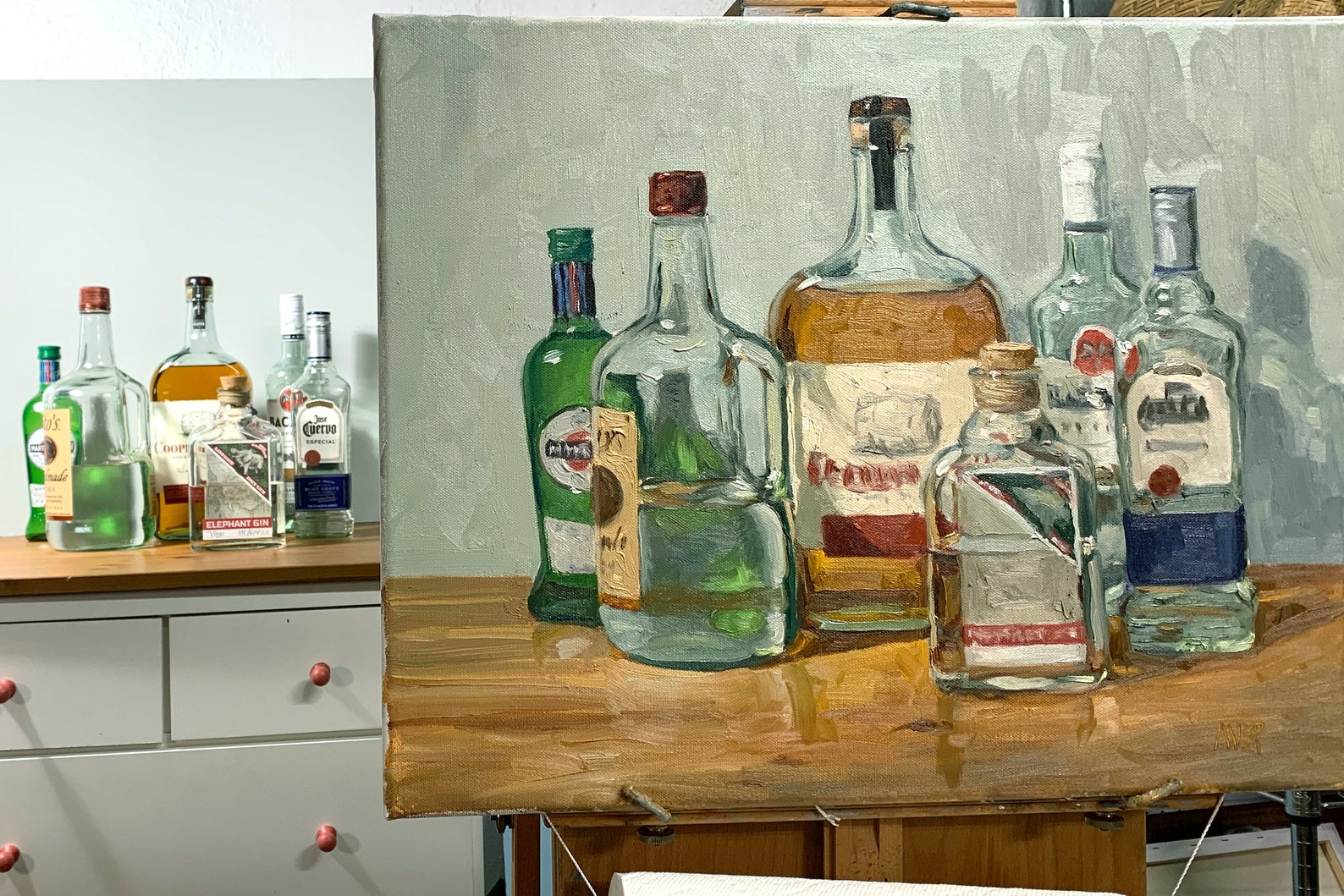 Liquor Bottles Oil Painting, Bourbon Gin Tequila Rum Vodka Vermouth ...