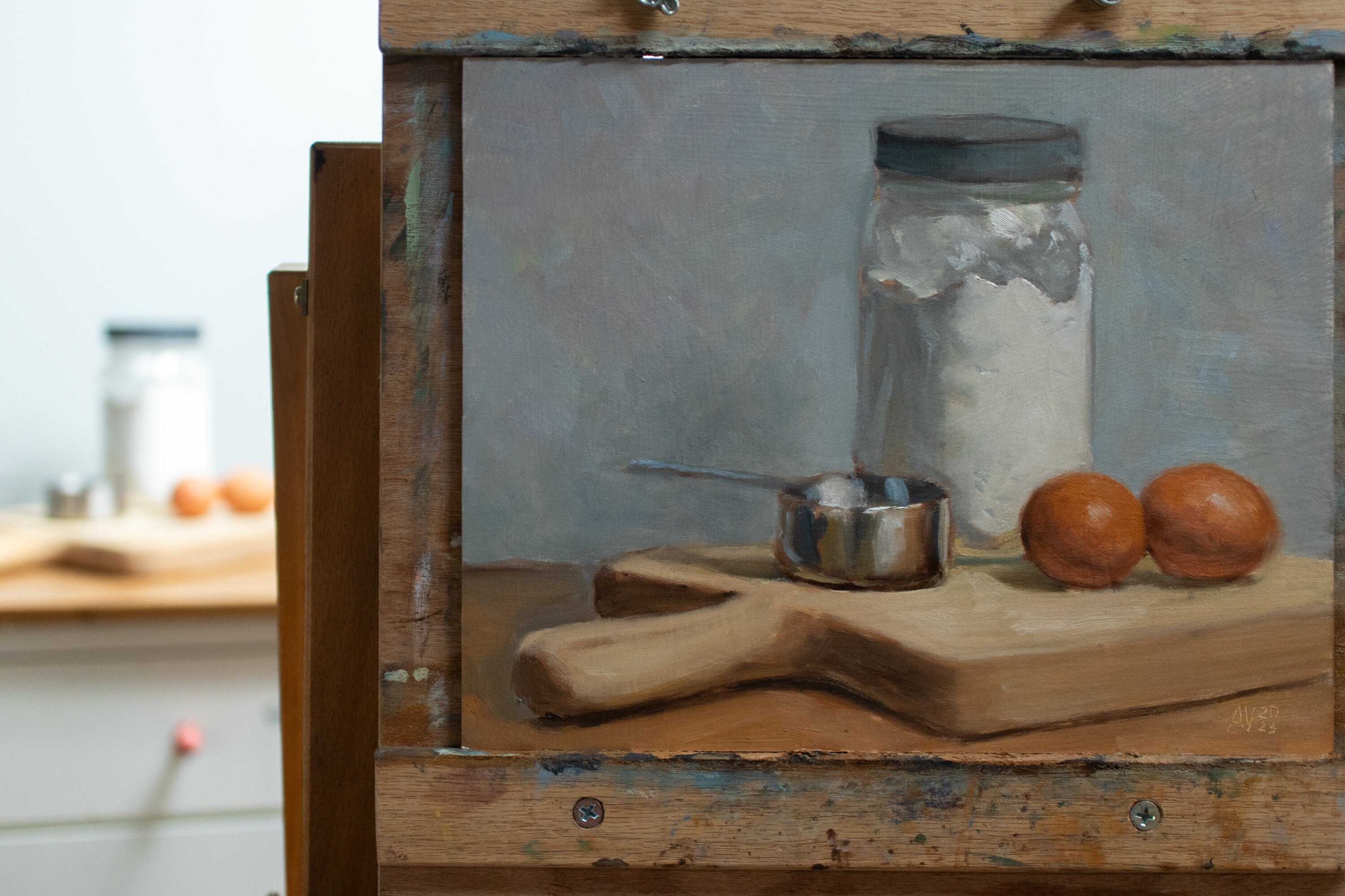 Original Still Life With a Mason Jar of Flour Steel Measuring Cup and ...