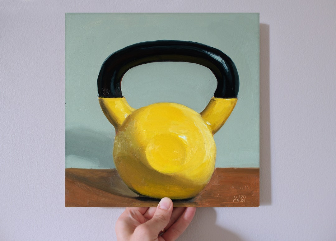 Realistic Oil Painting of a Yellow Kettle Bell, Square Still Life ...