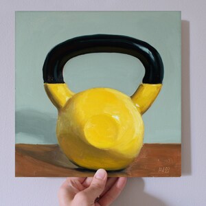 Realistic Oil Painting of a Yellow Kettle Bell, Square Still Life ...