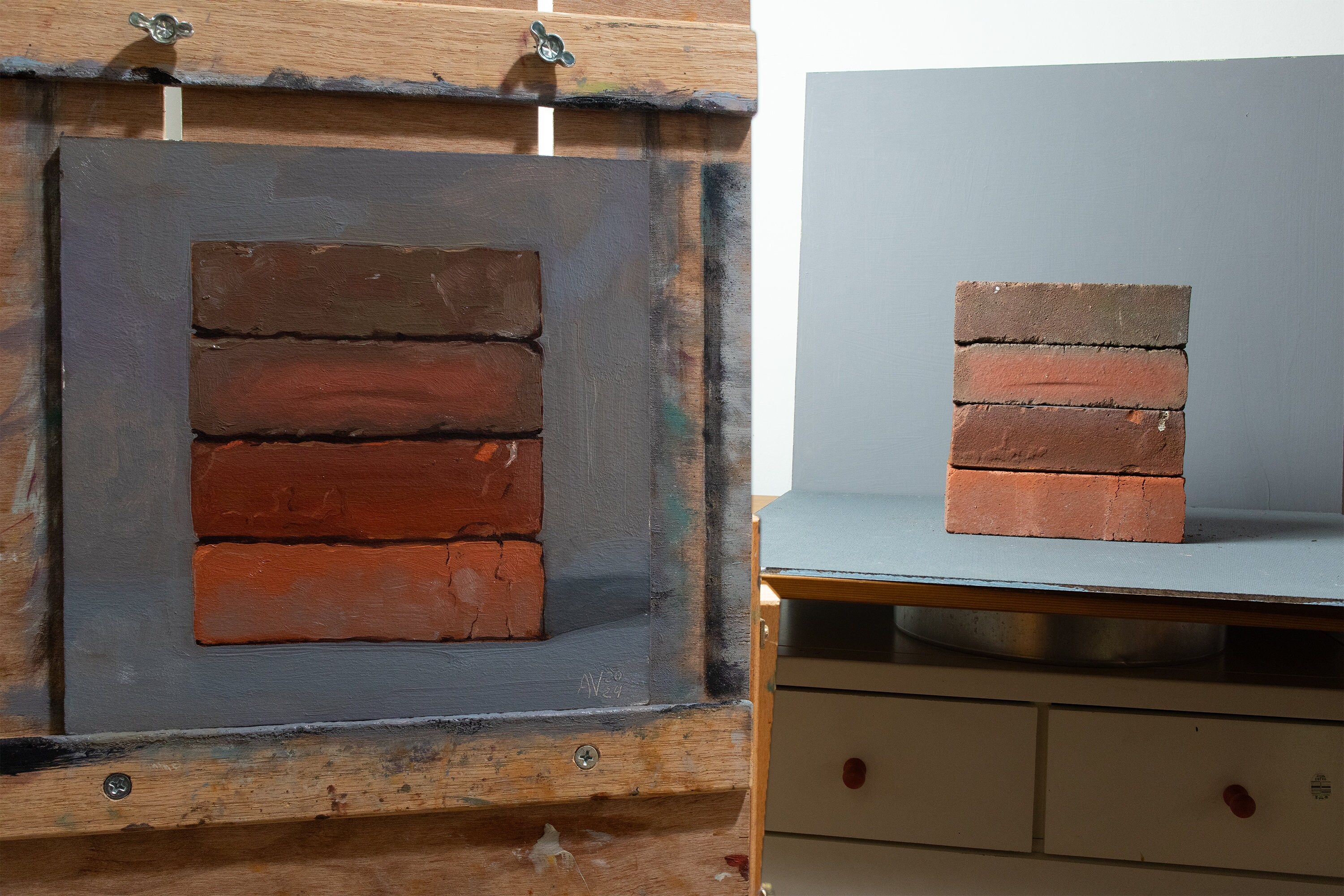 Realism Oil Painting of Bricks, Minimalist Painting, Square Still Life ...