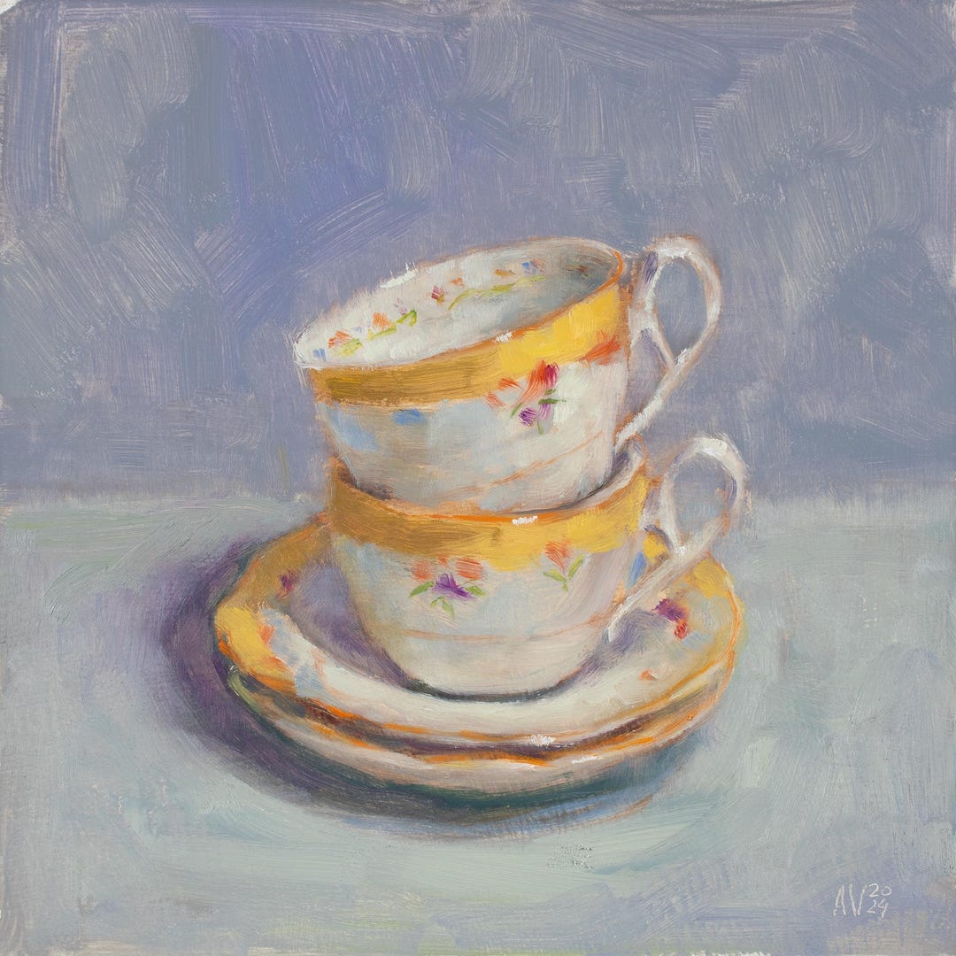 Impressionist Oil Painting of Two Porcelain Tea Cup, Original Oil ...