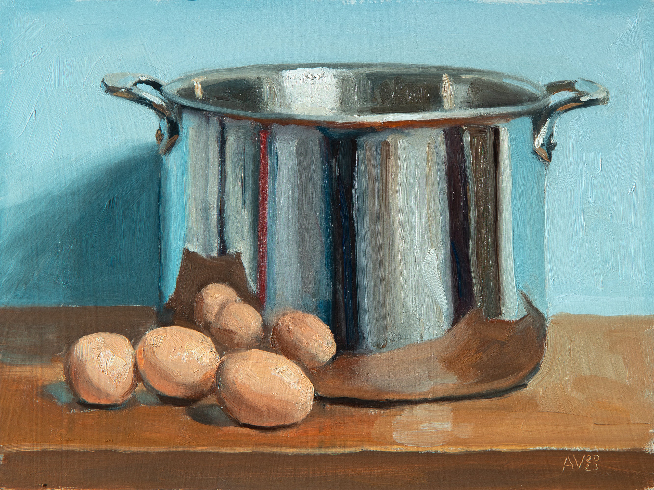 Original Still Life With Stainless Steel Pot and Eggs on Blue ...