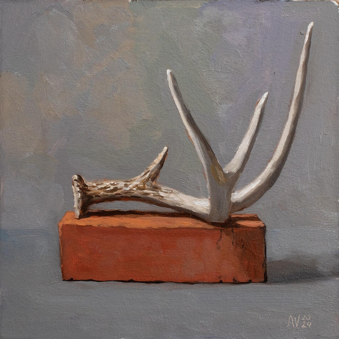 Original Painting of a Deer Antler on a Red Brick, Square Painting ...