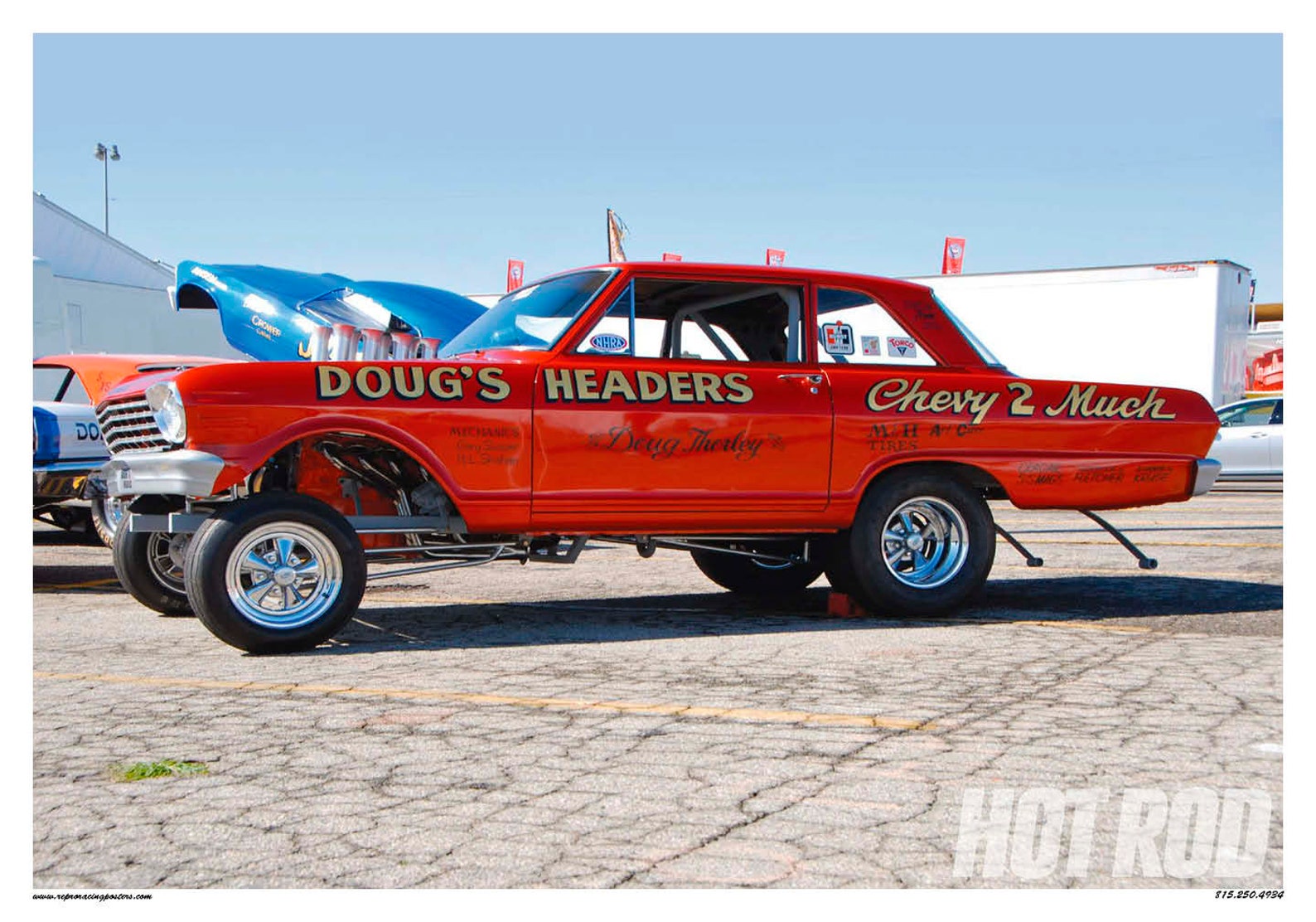 Vintage Reproduction Racing Poster Dougs Headers AWB Chevy 2 Much Funny ...