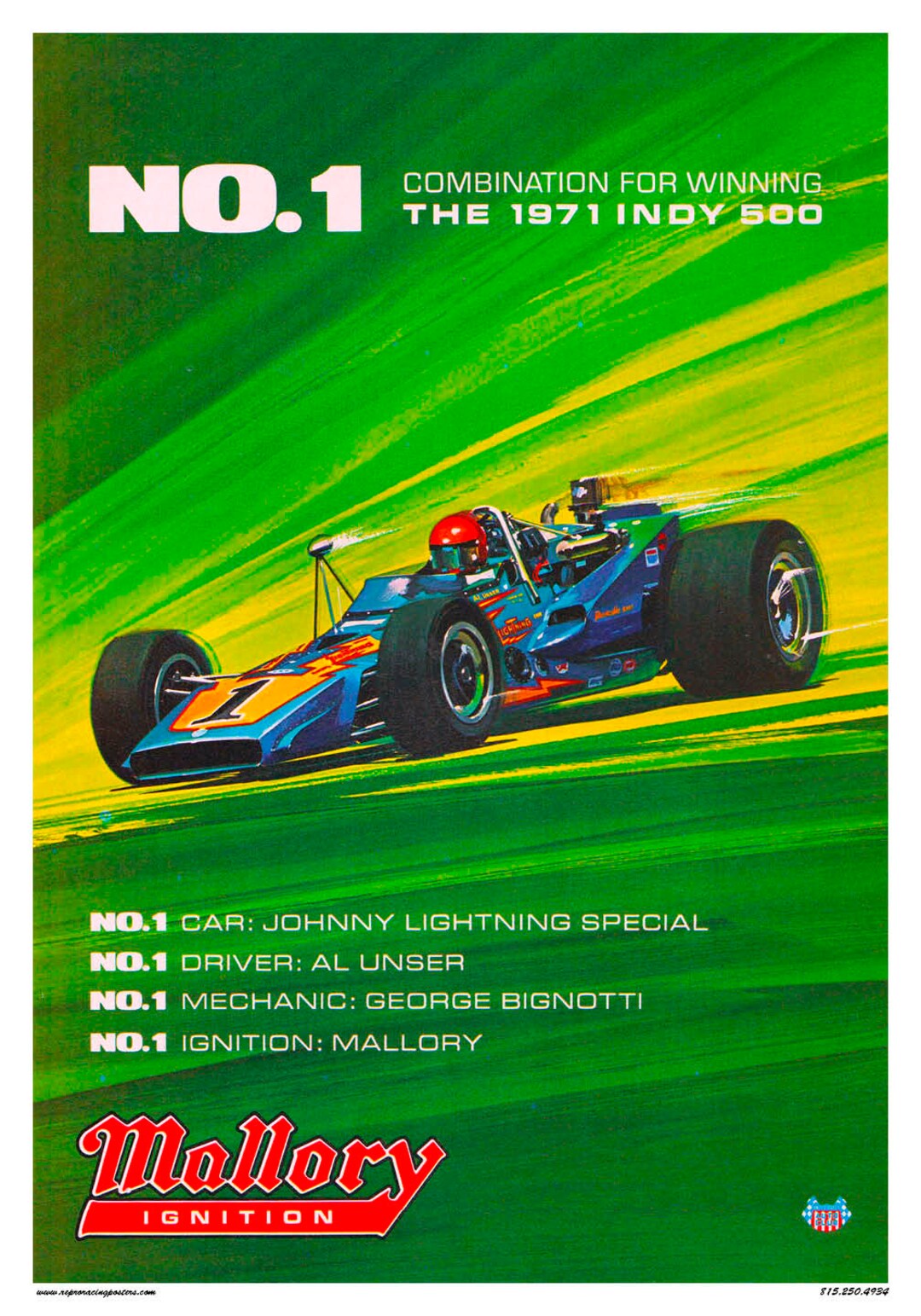 Vintage Reproduction Racing Poster Al Unser Mallory Ignition Indy Car ...