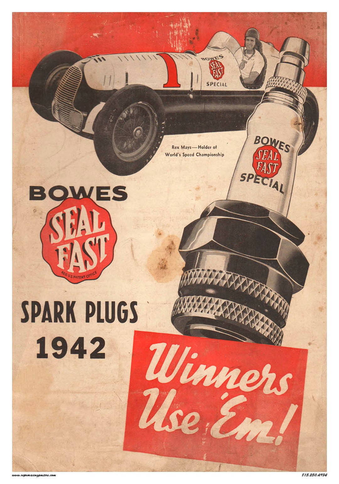 Vintage Reproduction Racing Poster 1942 Rex Mays Bowes Seal Fast Spark ...