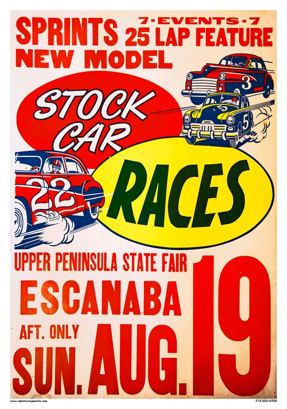 Vintage Reproduction Racing Poster Escanaba Michigan Stock Car | Etsy