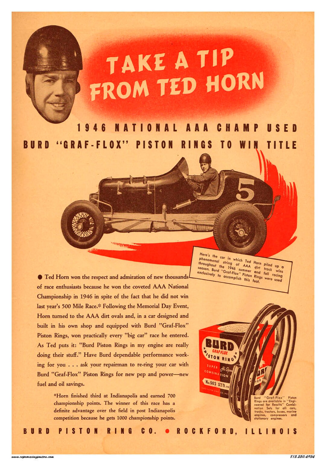 Vintage Reproduction Racing Poster Ted Horn Burd Piston Rings - Etsy