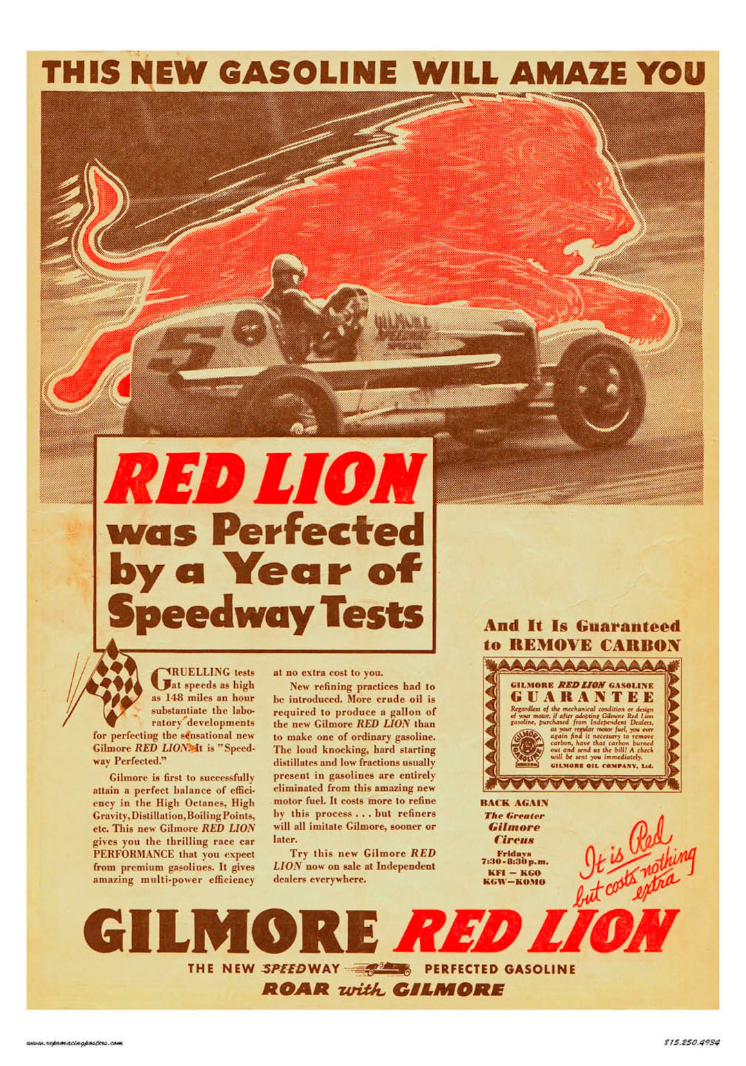 Vintage Reproduction Racing Poster Gilmore Red Lion Gasoline - Etsy