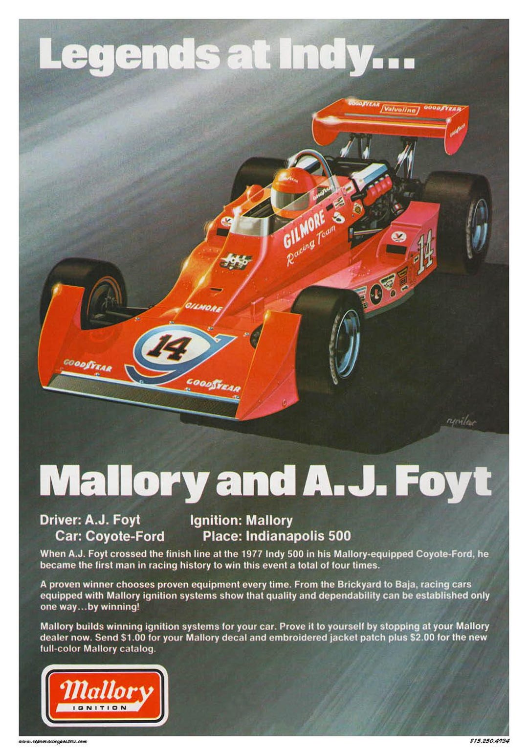 Vintage Reproduction Racing Poster A J Foyt Mallory Ignitions Indy Car ...