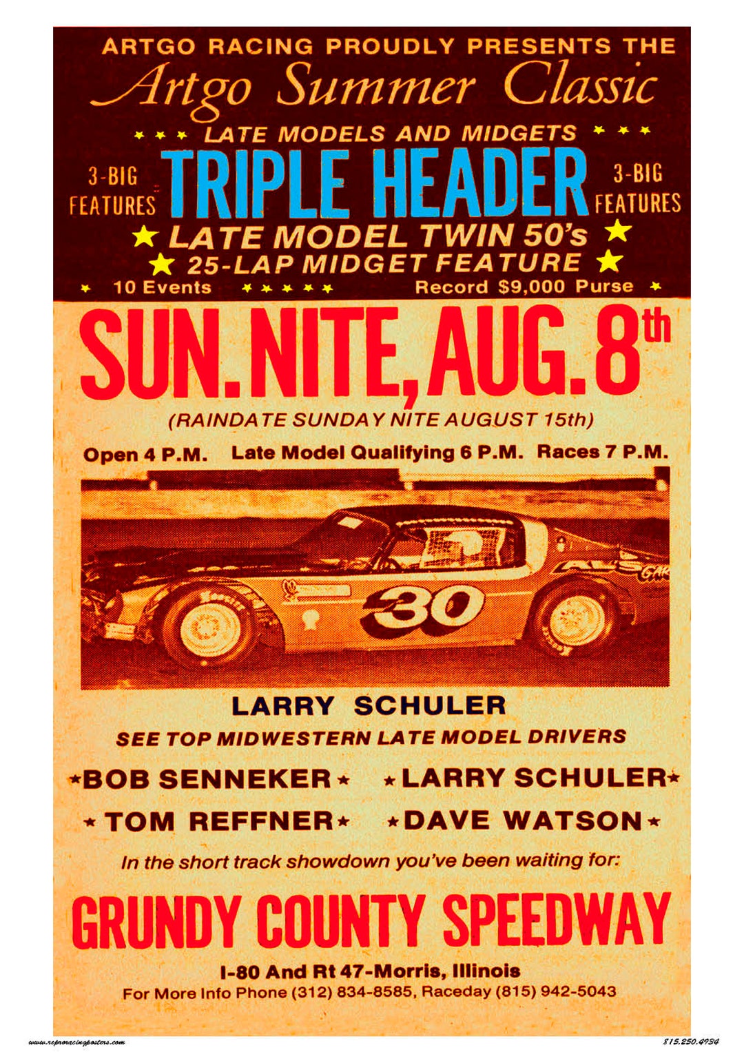 Vintage Reproduction Racing Poster Grundy County Speedway Larry Schuler ...