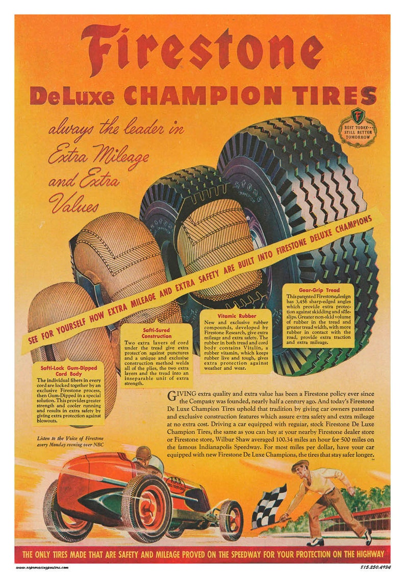 Vintage Reproduction Racing Poster Firestone Tires Indy 500 - Etsy