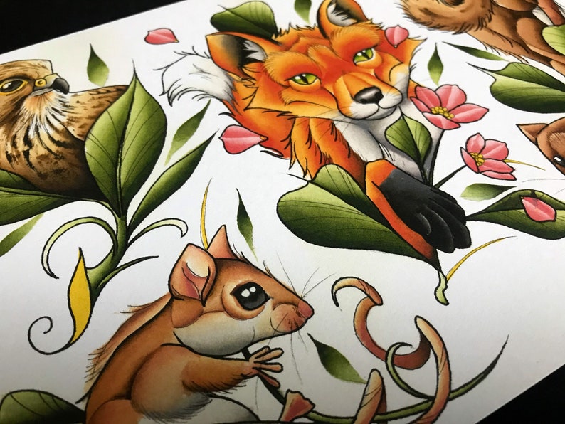 Neo-traditional British Wildlife Tattoo Art Print | Etsy