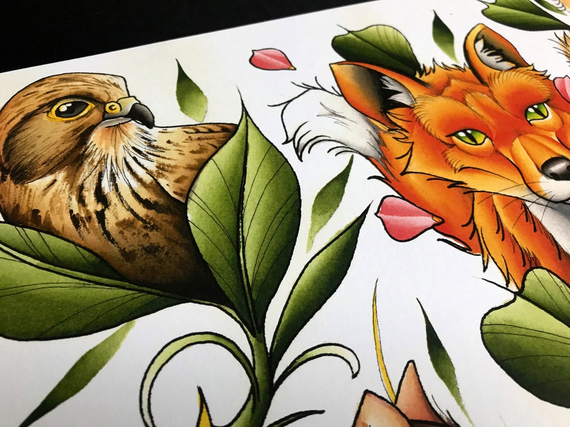 Neo-traditional British Wildlife Tattoo Art Print | Etsy