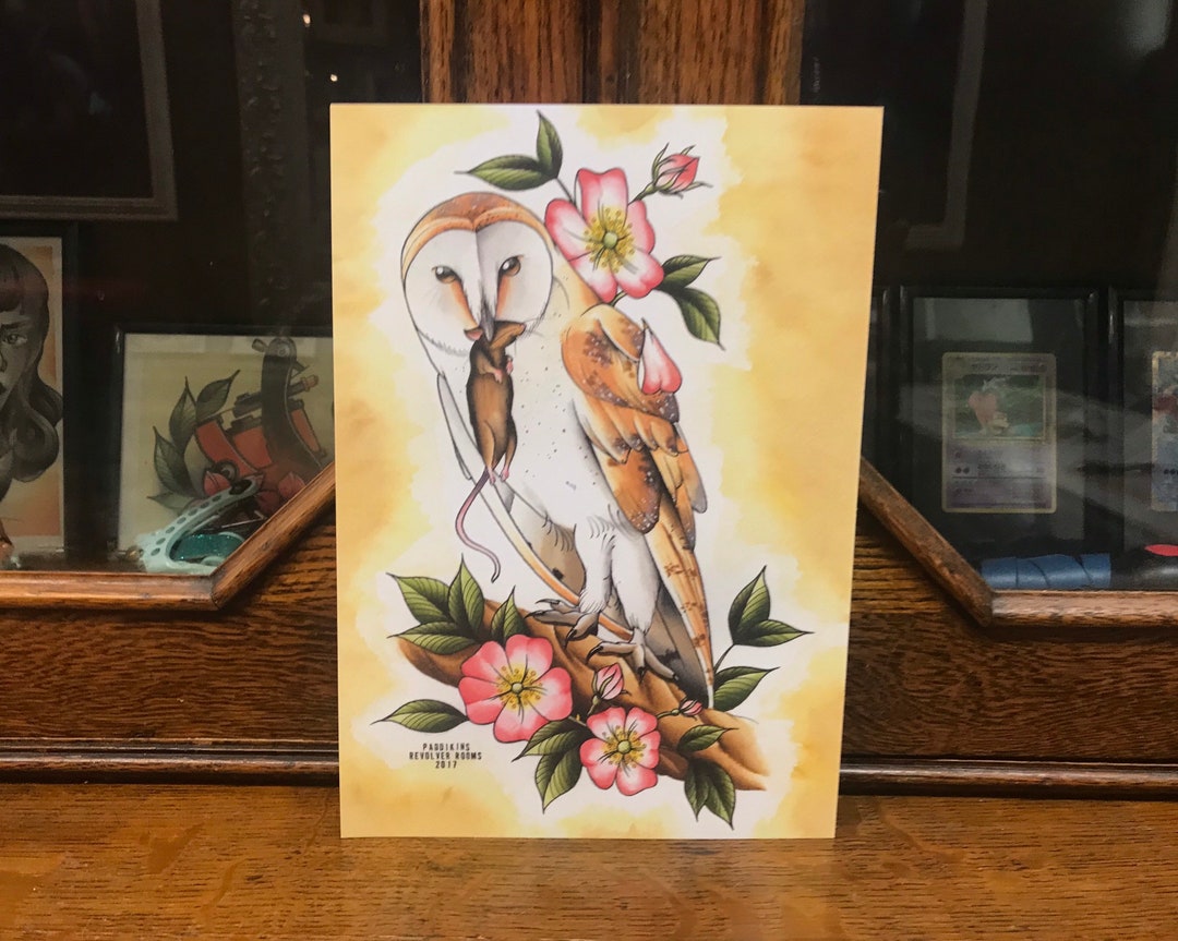 Neo-traditional Barn Owl With Dog Rose Tattoo Inspired Art Print 7x10 ...