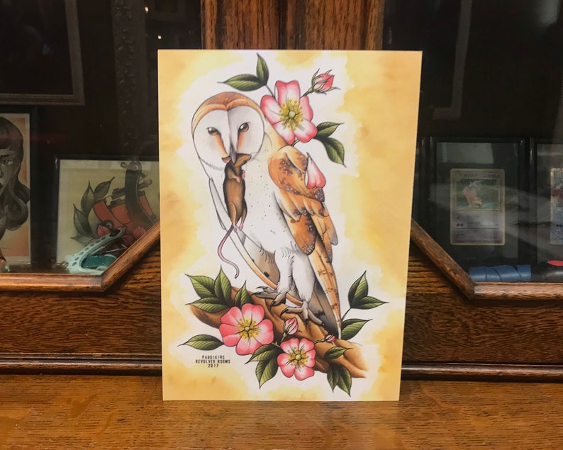 Neo-traditional Barn Owl With Dog Rose Tattoo Inspired Art - Etsy