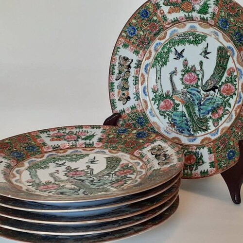 Rose Canton Plates With Peacocks Peonies Birds and Butterflies - Etsy