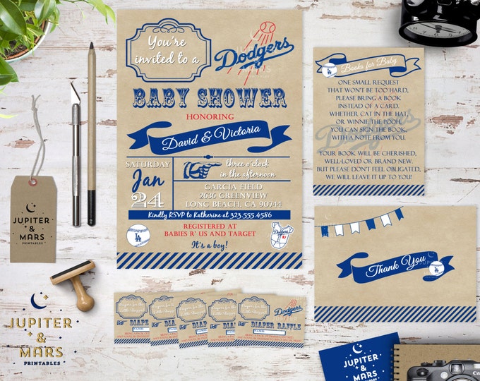 Vintage Dodgers Baseball Baby Shower Bundle invitation, Thank You Card ...