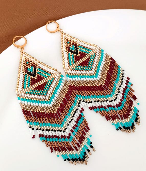 perlesdefilles Geometric Triangle Earrings Weaving Miyuki Beads White Brown Turquoise